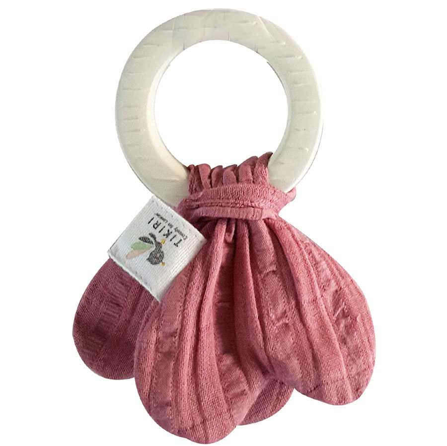 Rubber Teething Ring with Dusty Pink Muslin Tie - - Fat Brain Toys