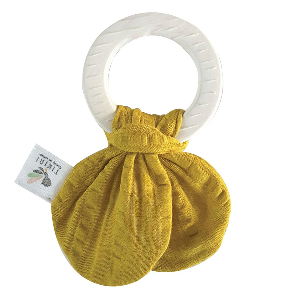 Rubber Teething Ring with Yellow Mustard Muslin Tie