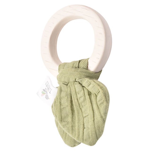 Rubber Teething Ring with Olive Green Muslin Tie - - Fat Brain Toys